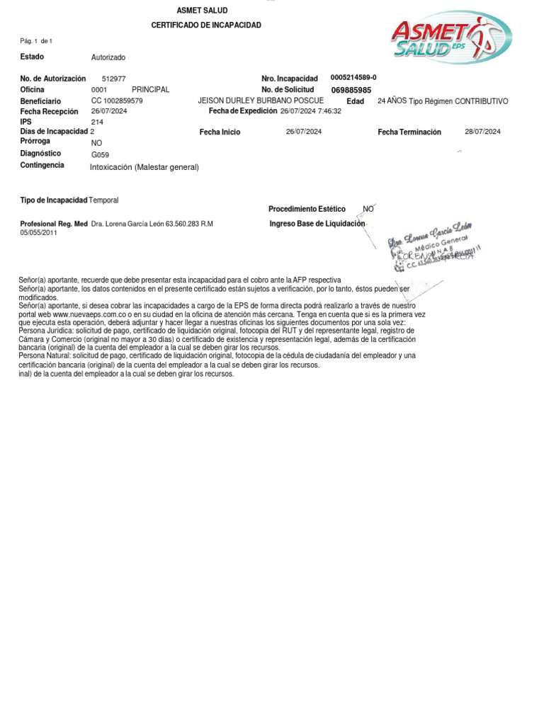 Nueva-Eps-Incapacidad-Incapacida ASMET SALUD | PDF