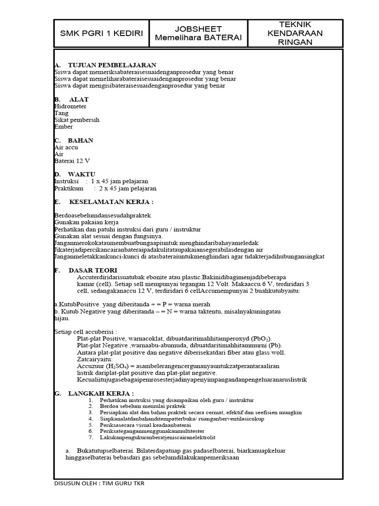 Job Sheet TKR Memelihara Baterai | PDF