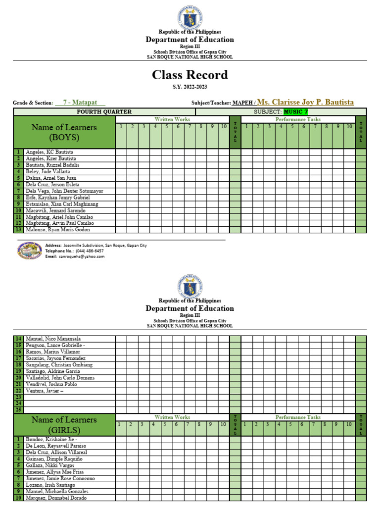 G7 MATAPAT Class Record | PDF