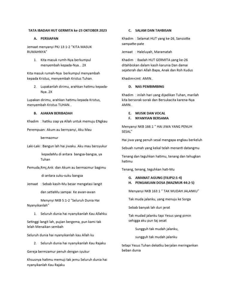 TATA IBADAH HUT GERMITA Ke26 | PDF