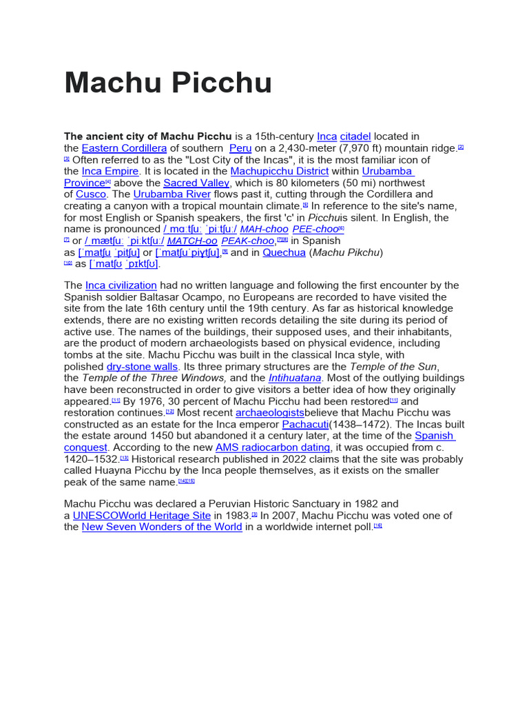 The Ancient City of Machu Picchu | PDF | Machu Picchu