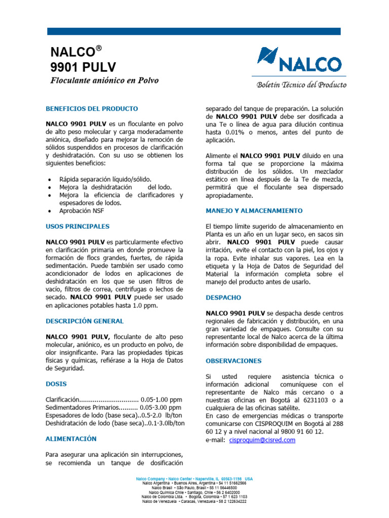 Floculante NALCO 9901 PULV: Beneficios y Usos | PDF | Química