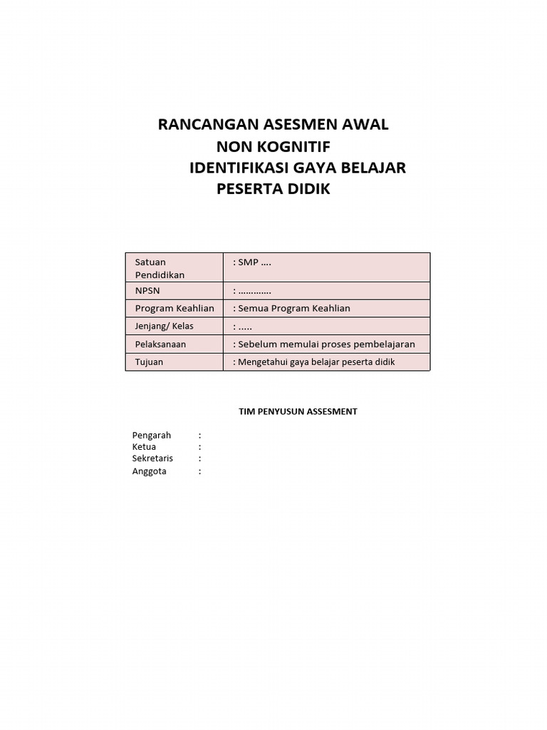 Format Asesmen Awal Gaya Belajar | PDF