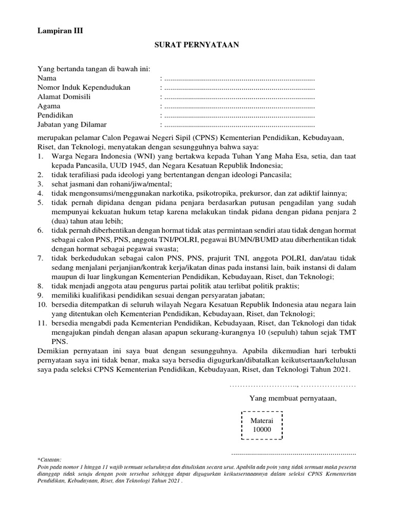 Lampiran III Format Dan Contoh Surat Pernyataan | PDF