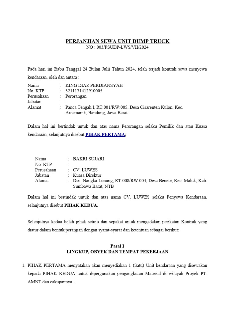 Surat Perjanjian Sewa Dumpt Truck S 8391 Ji (King Diaz Perdiansyah) | PDF | Hukum