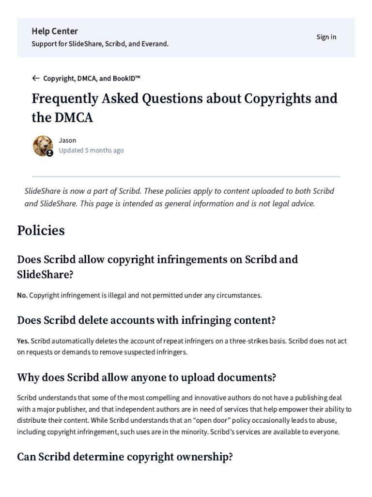 Frequently Asked Questions About Copyrights and The DMCA - Scribd Help Center | PDF | Creative ...