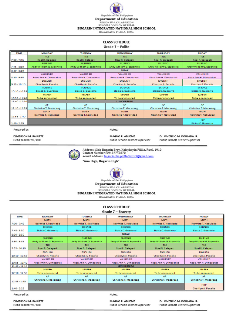 Class Schedule SY 2024 2025 | PDF | Philippines