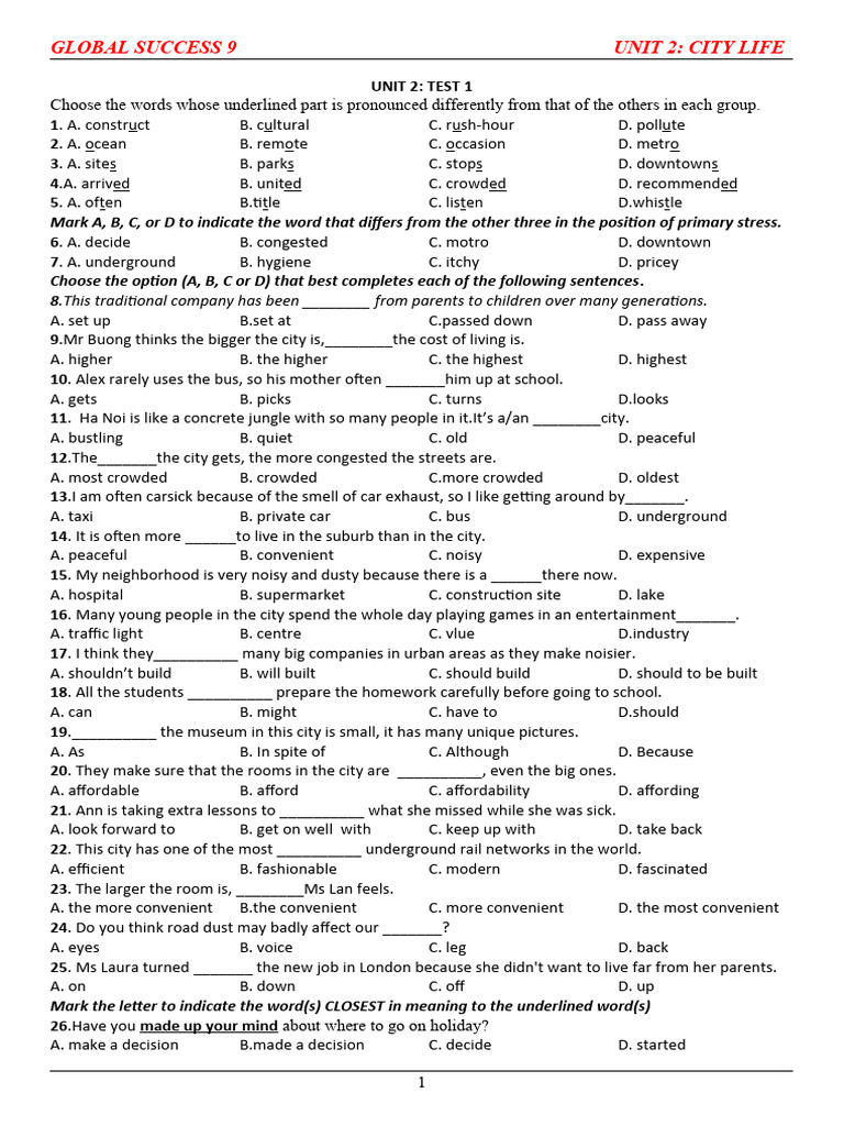B i T p B Tr Global Success 9 UNIT 2 PRACTICE TEST PDF Cost Of
