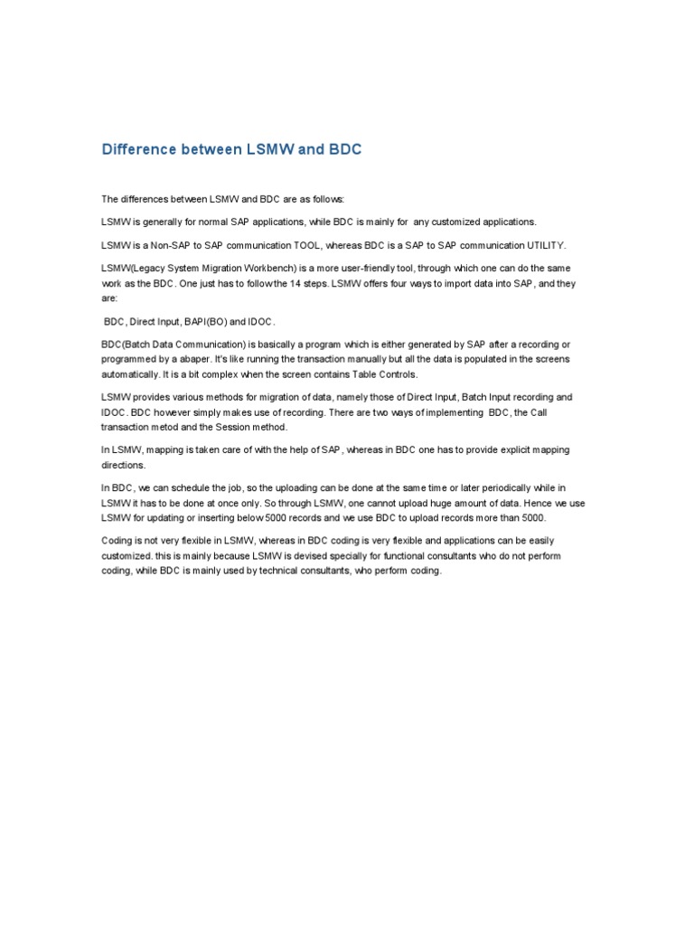 Difference Between Lsmw And Bdc Pdf File Format Computer File