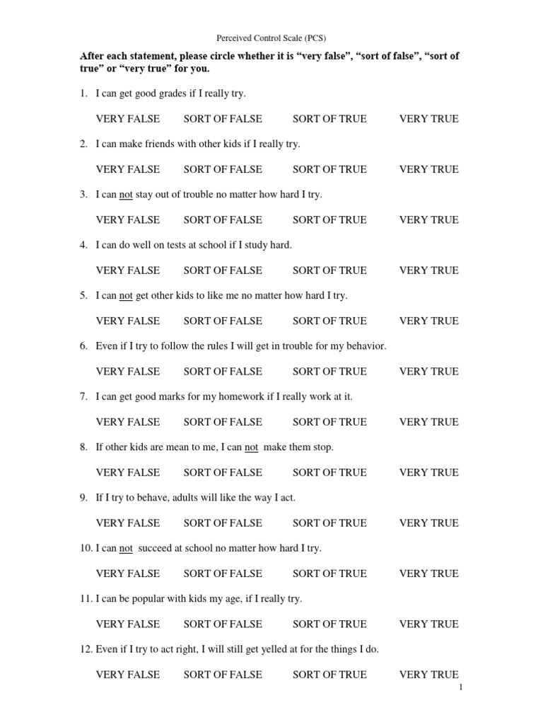 Perceived Control Scale For Children | PDF | Psychology | Behavioural ...