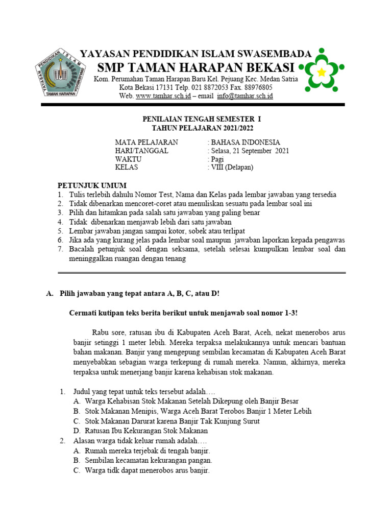 Soal PTS 1 - BINDO 8 Paket I - Admiri | PDF