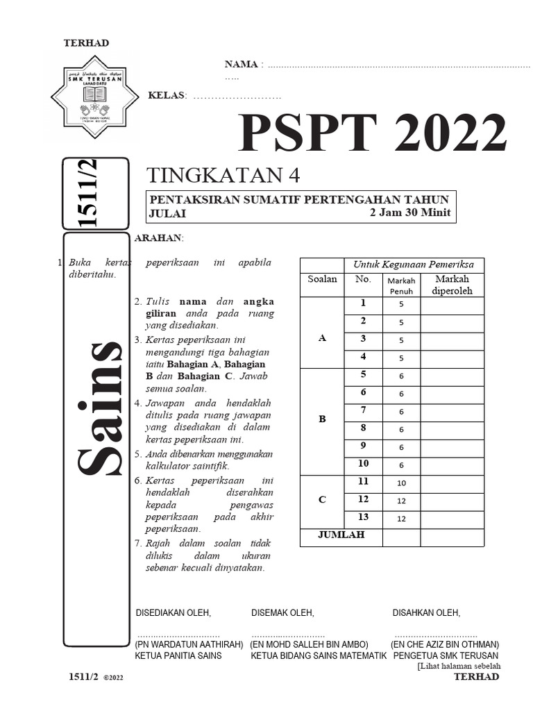 Soalan Kertas 2 PSPT Sains Ting 4 2022 | PDF