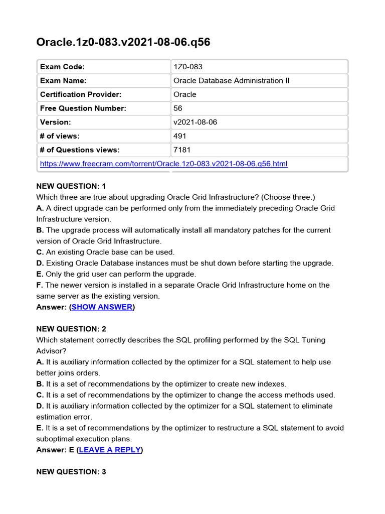 Oracle 1z0-083 v2021-08-06 q56 | PDF | Databases | Backup