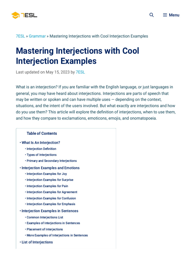 Mastering Interjections With Cool Interjection Examples - 7ESL | PDF | Linguistics | Semantic Units