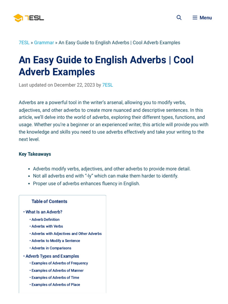 An Easy Guide To English Adverbs - Cool Adverb Examples - 7ESL | PDF ...