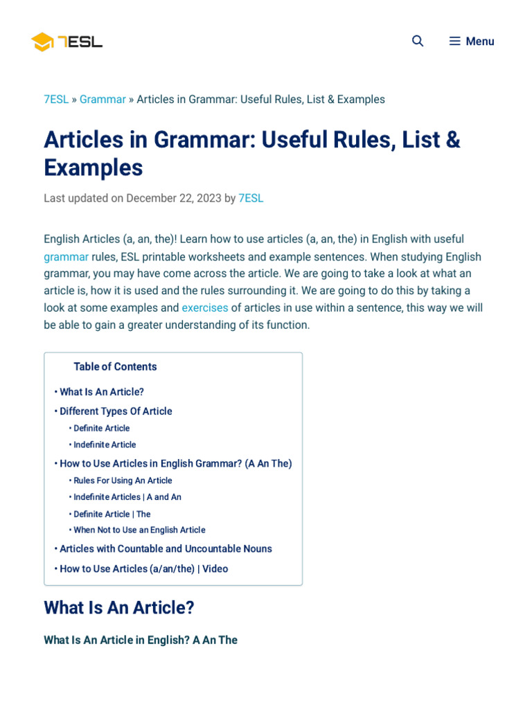Articles in Grammar - Useful Rules, List & Examples - 7ESL | PDF | Noun | Part Of Speech