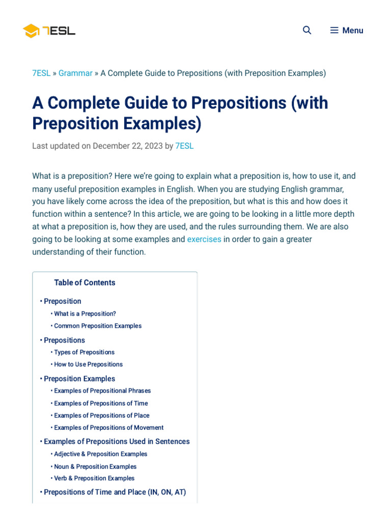 Prepositions: A Comprehensive Guide | PDF | English Grammar ...