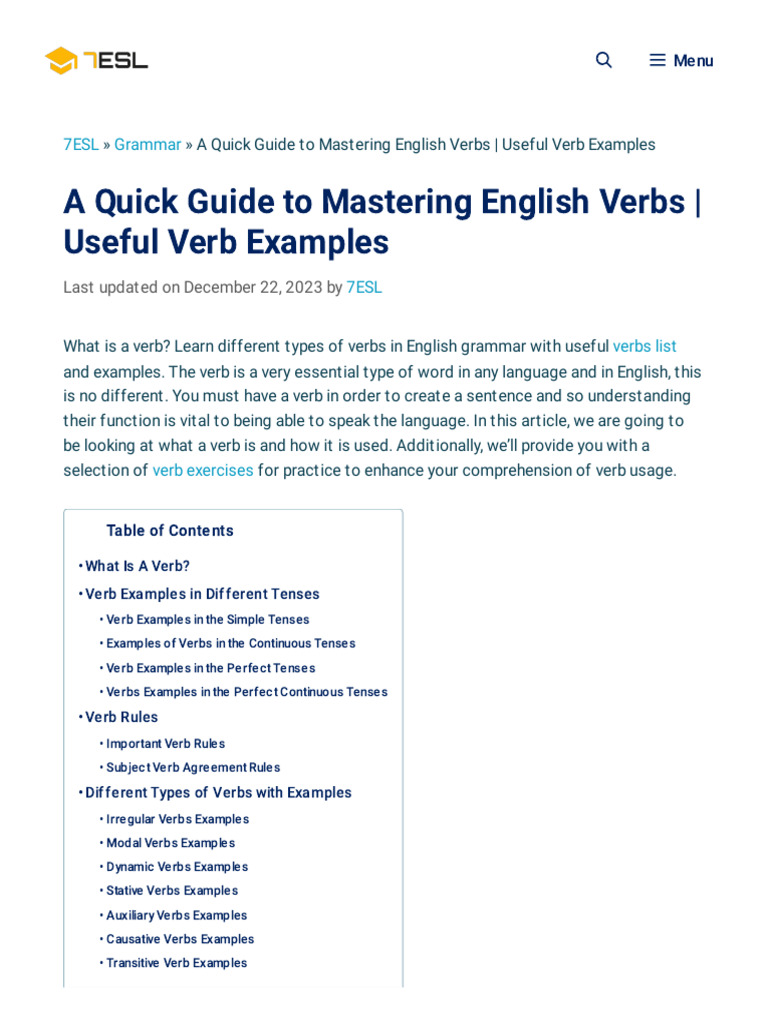 A Quick Guide To Mastering English Verbs - Useful Verb Examples - 7ESL | PDF | Verb ...