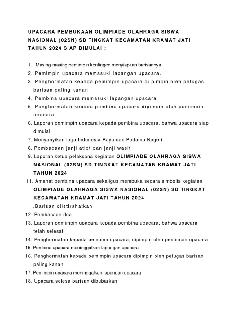 Susunan Upacara Pembukaan 02SN Dan Janji Wasit Serta Janji Atlet | PDF