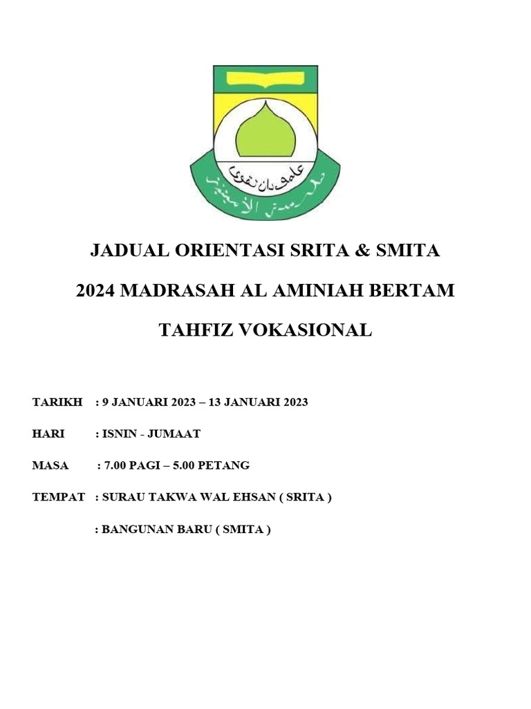 JADUAL ORIENTASI SRITA SMITA LATEST 2023 | PDF