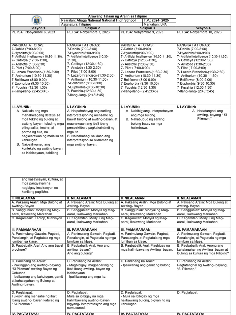Arawang Talaan NG Aralin Sa Filipino | PDF