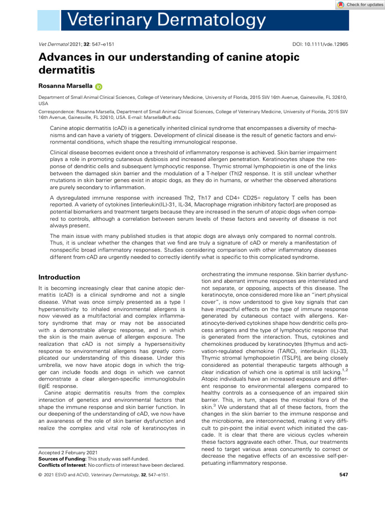 Veterinary Dermatology - 2021 - Marsella - Advances in Our ...