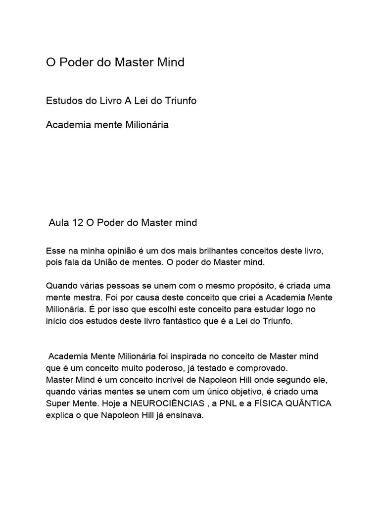 O Poder Do Master Mind | PDF | Napoleon Hill | Mente