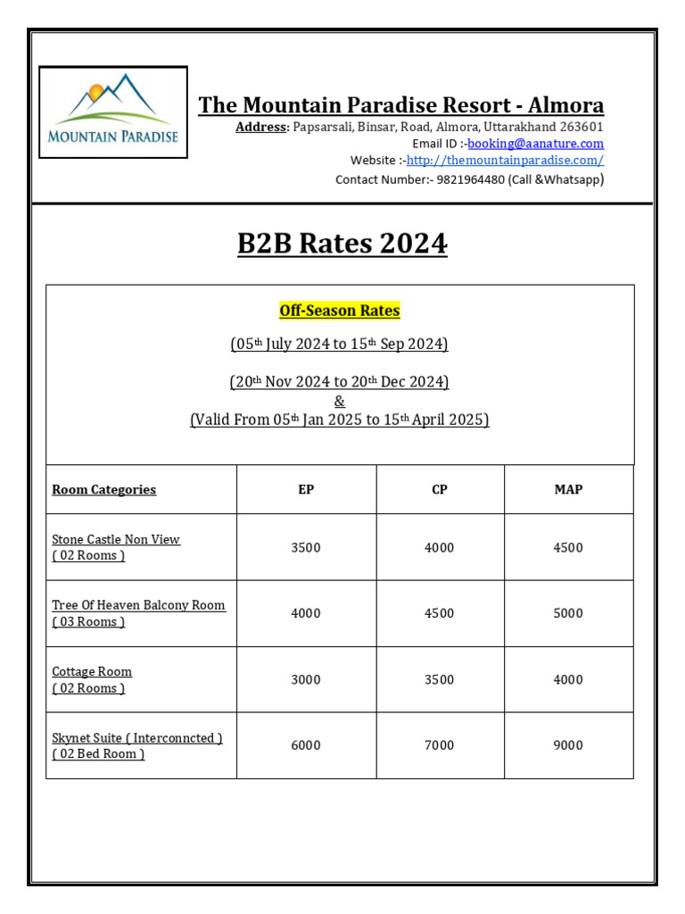 B2B Rates Off Season 2024-25 (The Mountain Paradise Resort, Almora ...