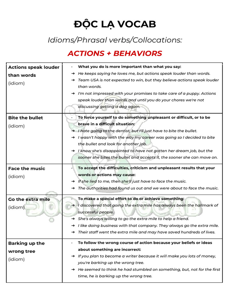 (ĐLV) 50 Idioms - Phrasal Verbs - Collocation About - ACTIONS ...