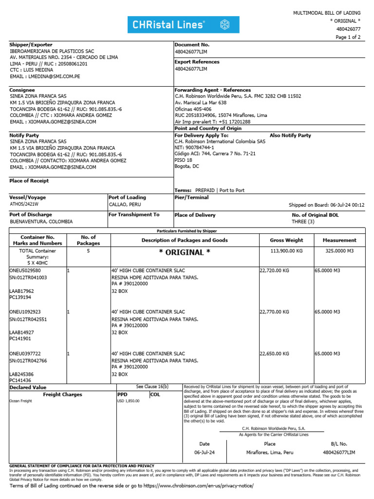 Intl House - Bill of Lading (Original Rated) | PDF | Cargo | Bill Of Lading