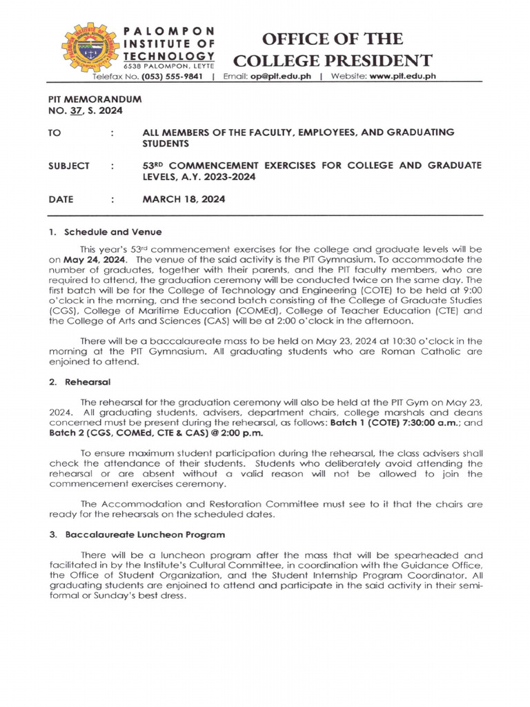 Pitm 37 2024 53rd Commencement Exercises For College Graduate Levels | PDF
