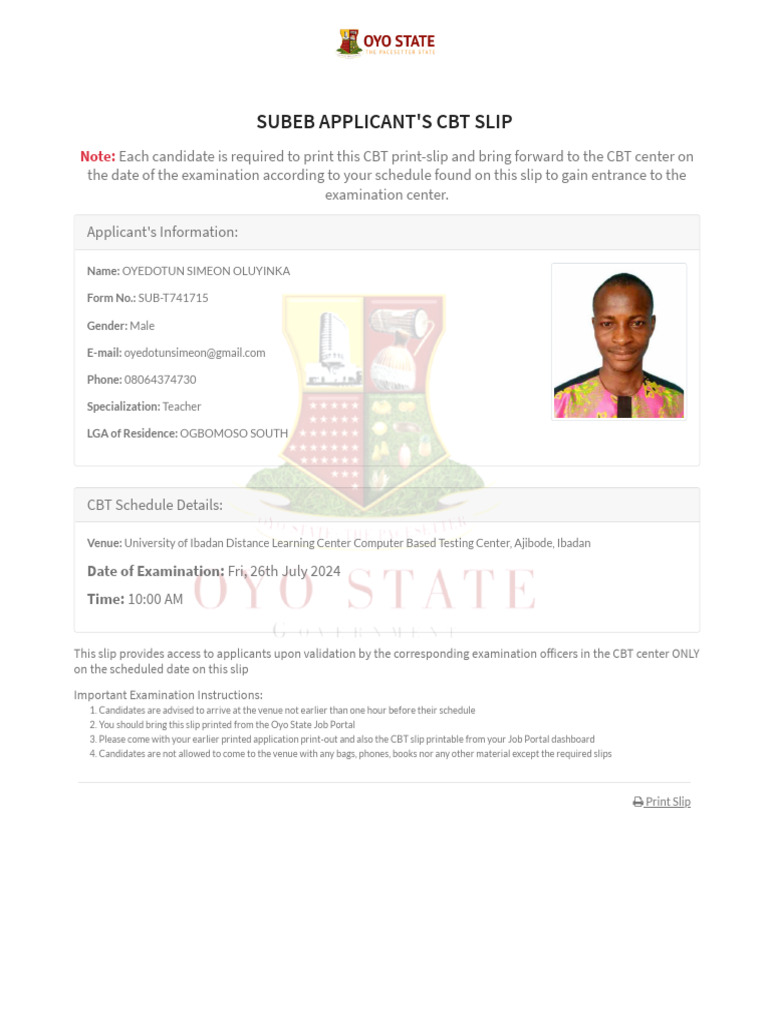 Applicant's CBT Slip - Oyo State Job Portal | PDF