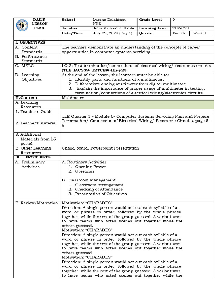 DLP-TLE-CSS9-July 28 Day1 | PDF | Voltage | Learning