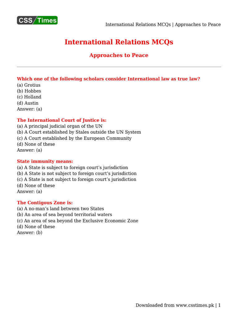 International Relations MCQs - Approaches To Peace | PDF | Treaty ...