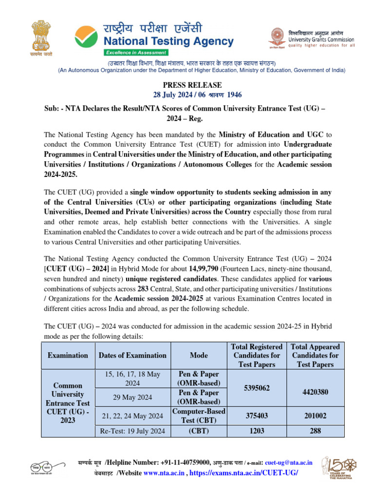 Press Release for Declaration of Nta Score for Cuet Ug 2024 Dated 28 ...