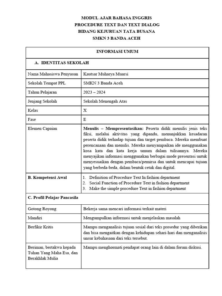 Modul Ajar Narative Text Dan Dialog Tata Busana | PDF