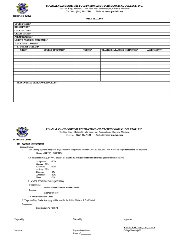 OBE-SYLLABUS-2024-FORMART | PDF | Behavior Modification | Learning OBE-SYLLABUS-2024-FORMART | PDF | Behavior Modification | Learning