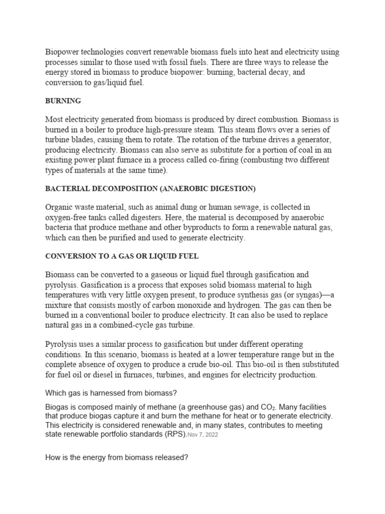 Biopower Technologies Convert Renewable Biomass Fuels Into Heat and ...