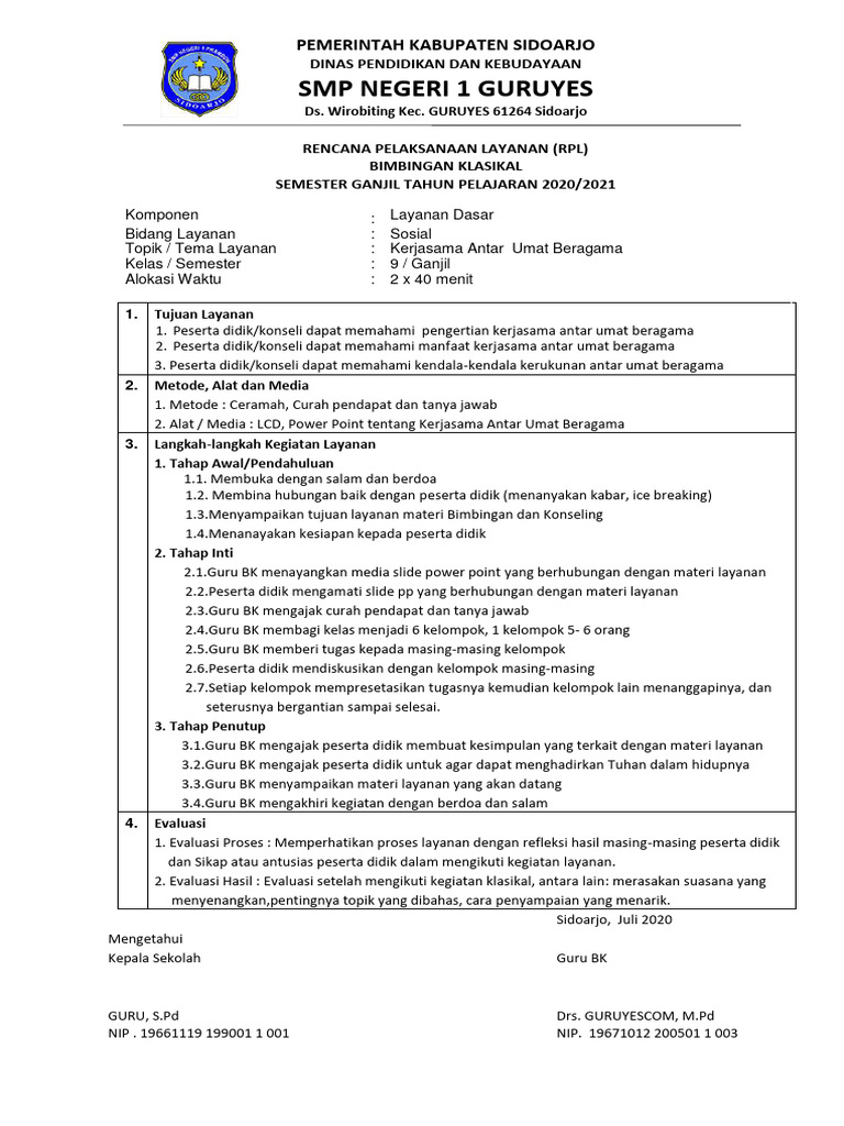 RPP Luring BK Kelas 9 SMP Mts Ganjil Genap | PDF