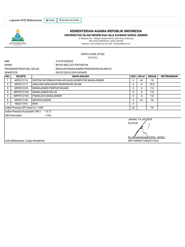 Laporan KHS Mahasiswa (1) - 1 | PDF