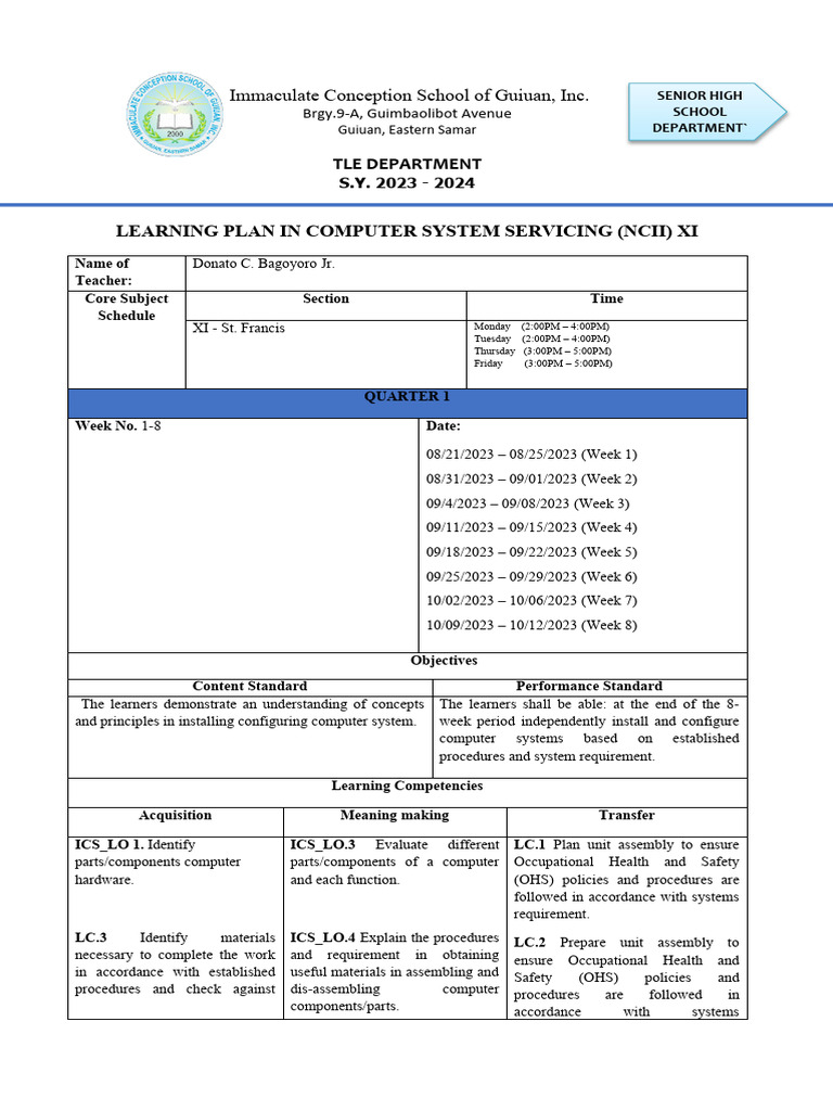 Learning Plan CSS 11 | PDF | Installation (Computer Programs) | Bios