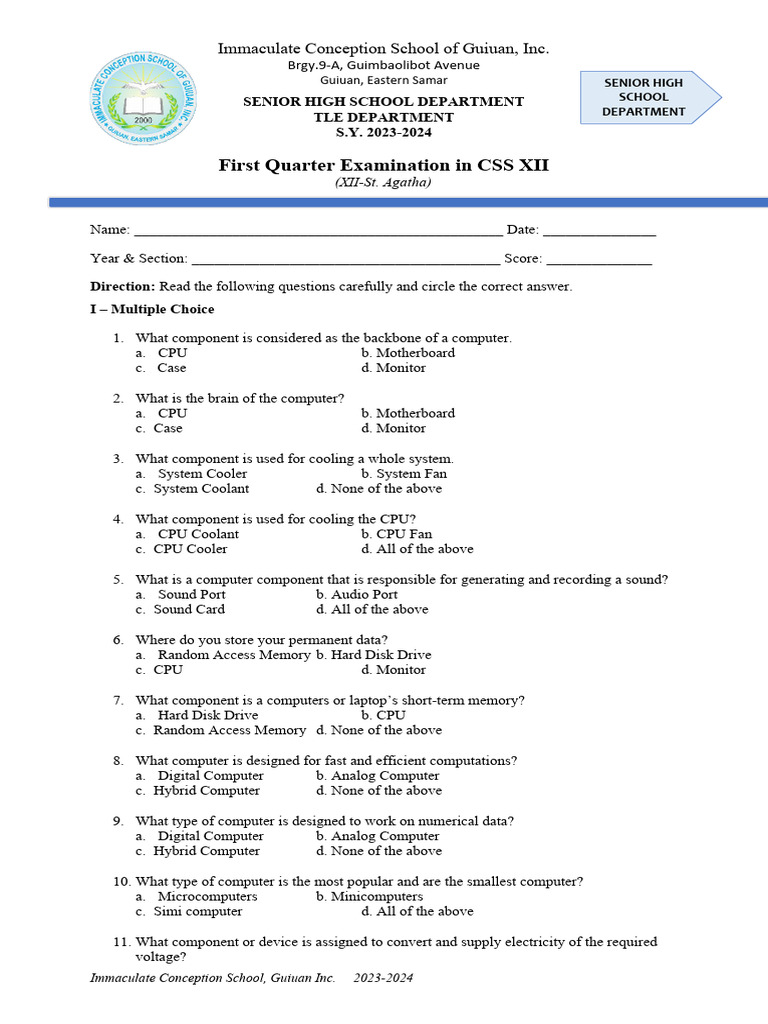 1ST QUARTER EXAM SHS CSS 12 - Checked | PDF | Bios | Computer Data Storage