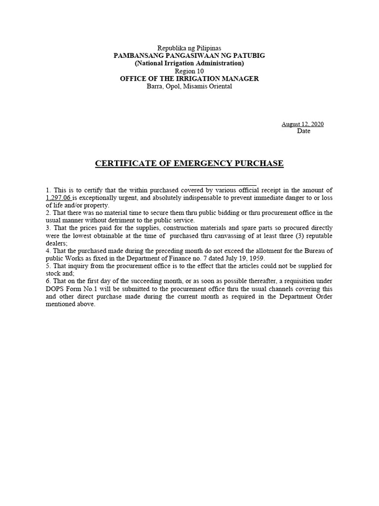Certificate of Emergency Purchase | PDF | Procurement | Economies