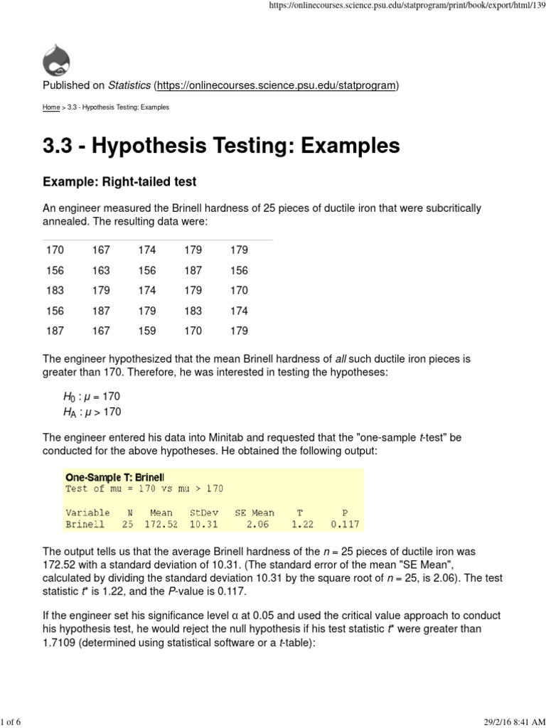 Hypothesis Testing Examples Psu Onlinecourses Pdf P Value Statistical Hypothesis Testing