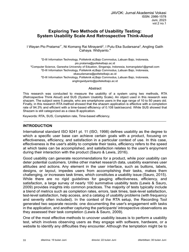 Exploring Two Methods of Usability Testing: System Usability Scale and ...