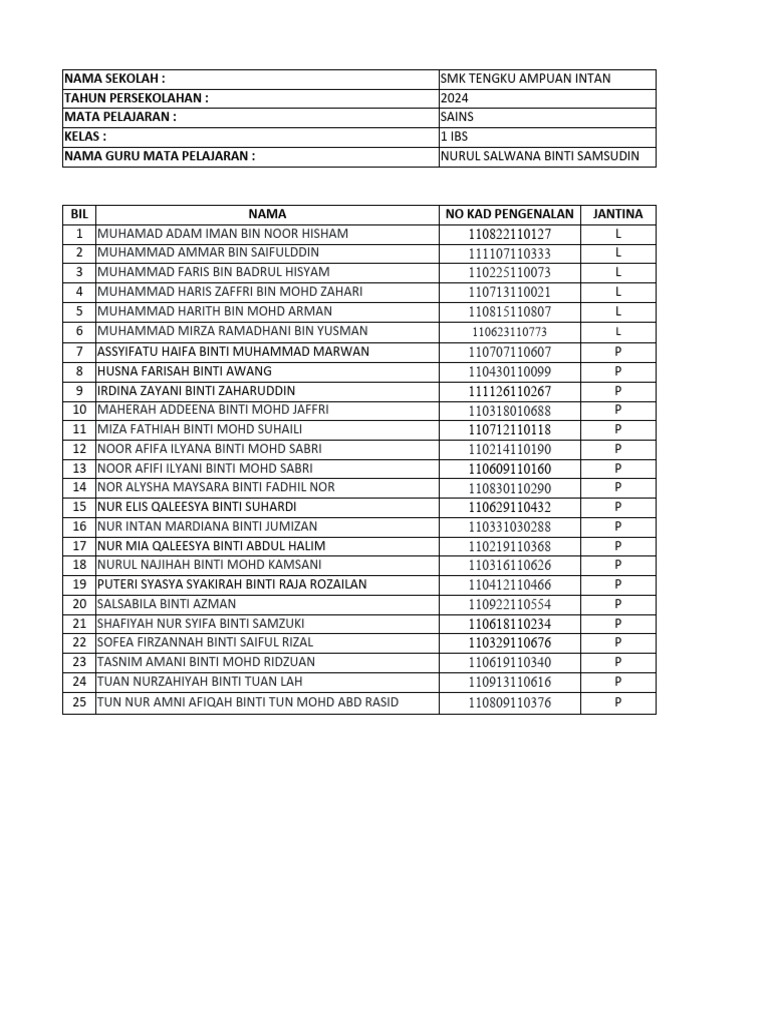 REKOD TRANSIT PBD SAINS 1IBS | PDF