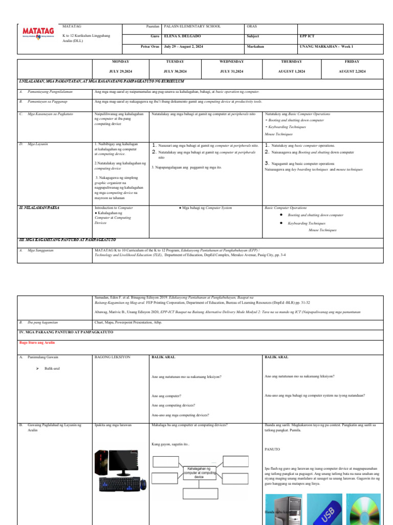 Matatag DLL Week 1 Epp G4 | PDF