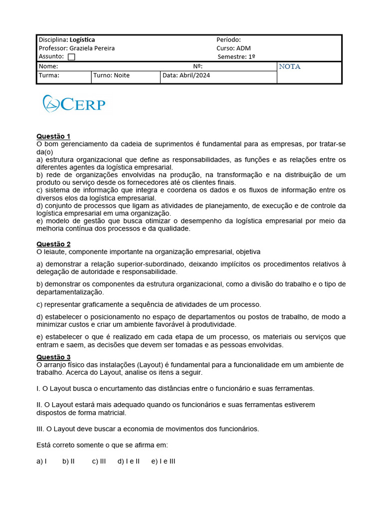 Exercícios Layout - Aluno | PDF | Cadeia de suprimentos | Logística