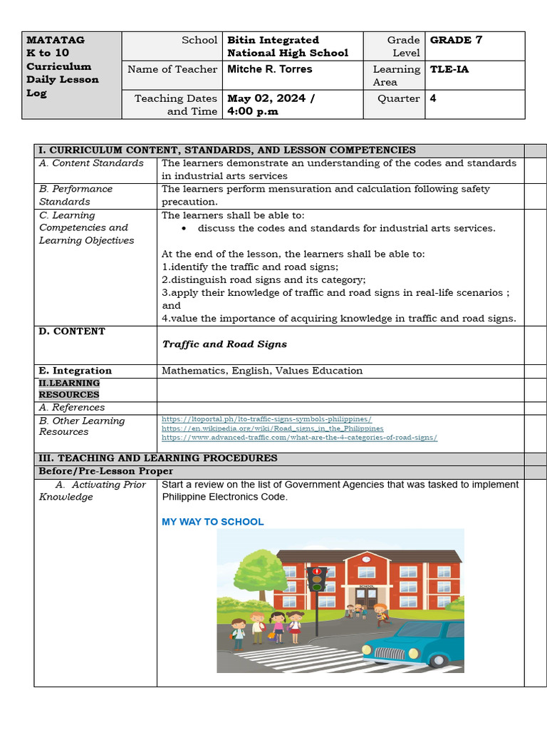 MATATAG - DEMO LESSON PLAN IN IA - Traffic and Road Sign | PDF ...