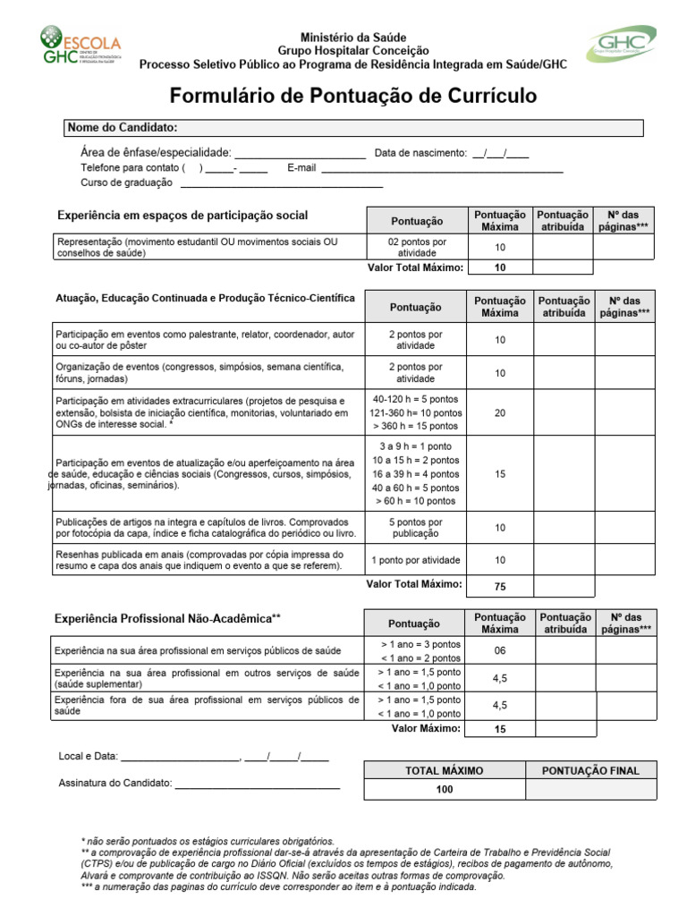 Formulario Pontuacao Curriculo FINAL RIS | PDF